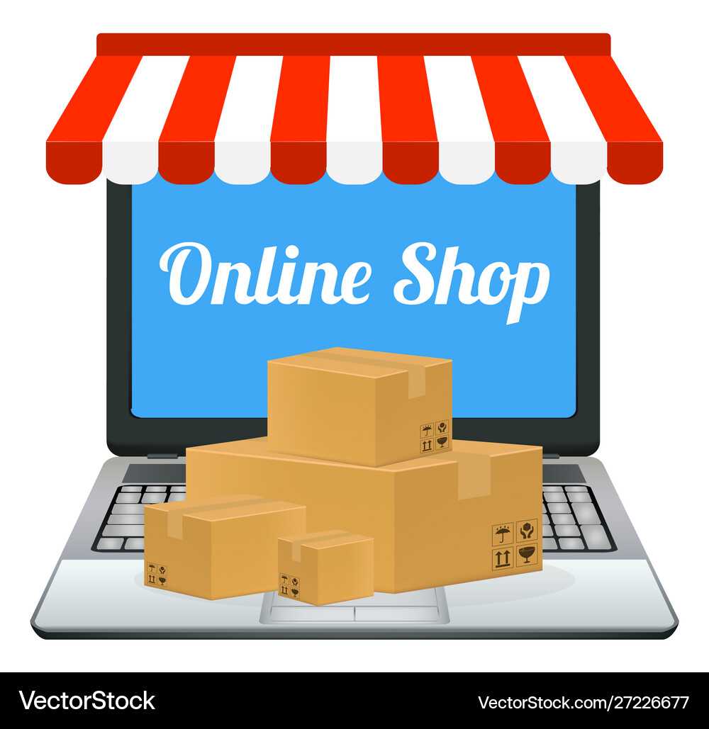 Laptop online shop store with package box Vector Image