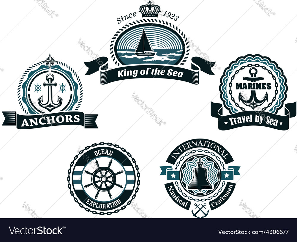 Retro blue nautical labels and badges Royalty Free Vector