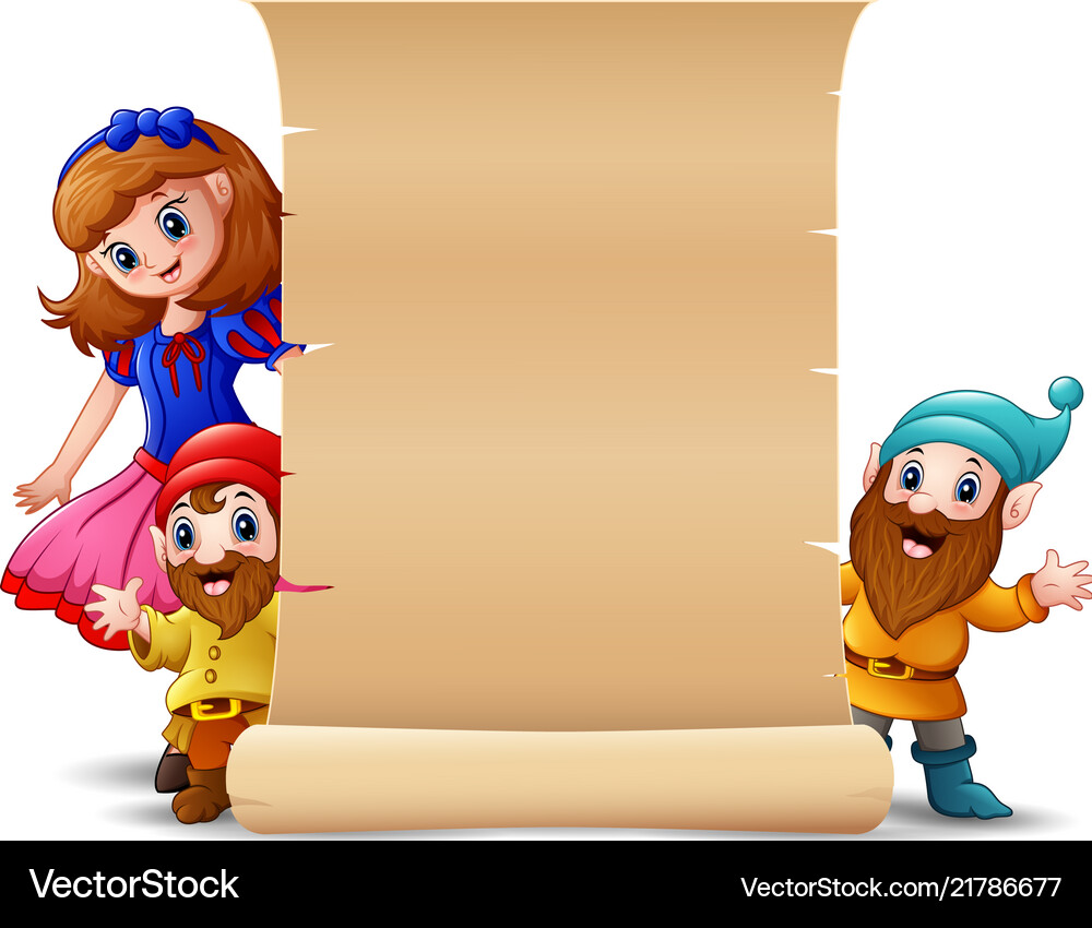 Snow white with dwarf and paper blank sign Vector Image