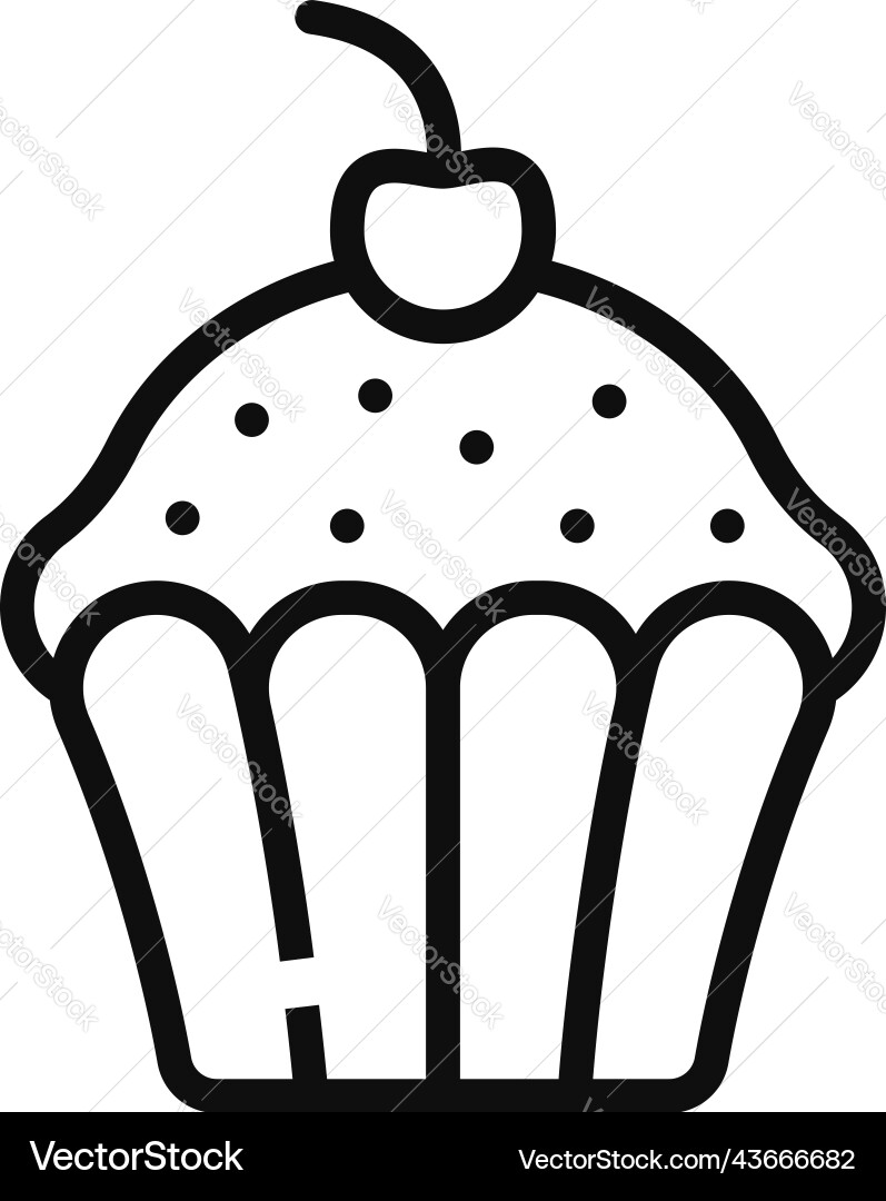 Cupcake with cherry and icing outline bakery icon Vector Image