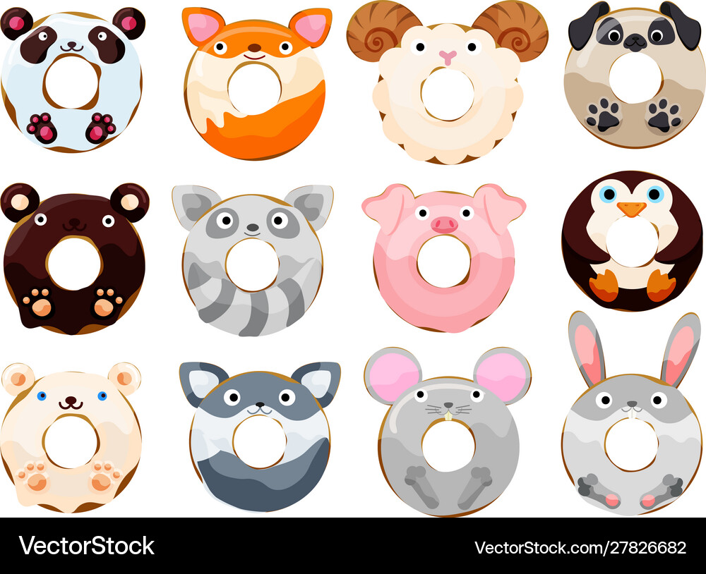 Cute animals donuts set Royalty Free Vector Image