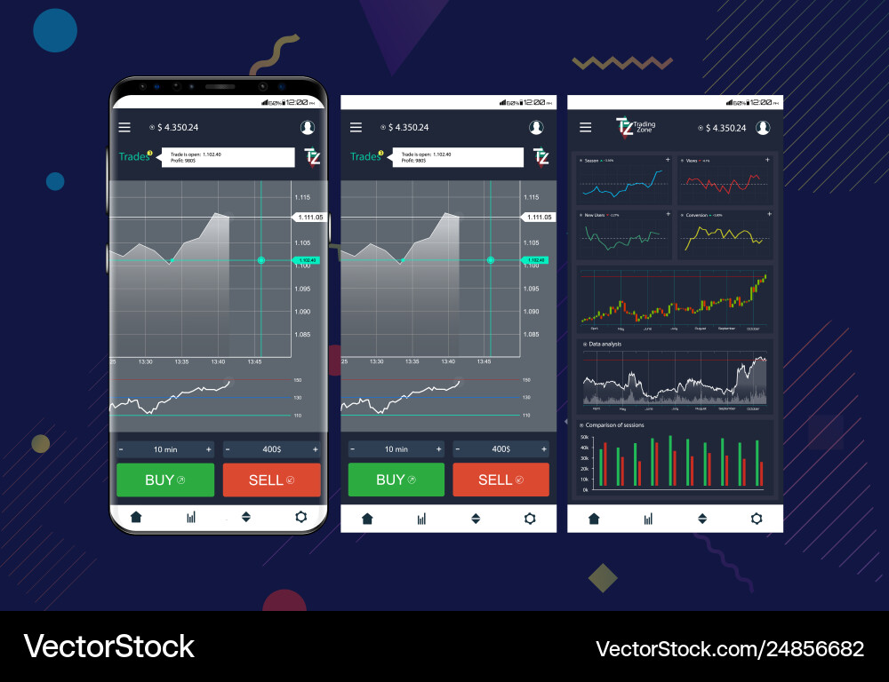 Trade exchange app on phone screens Royalty Free Vector