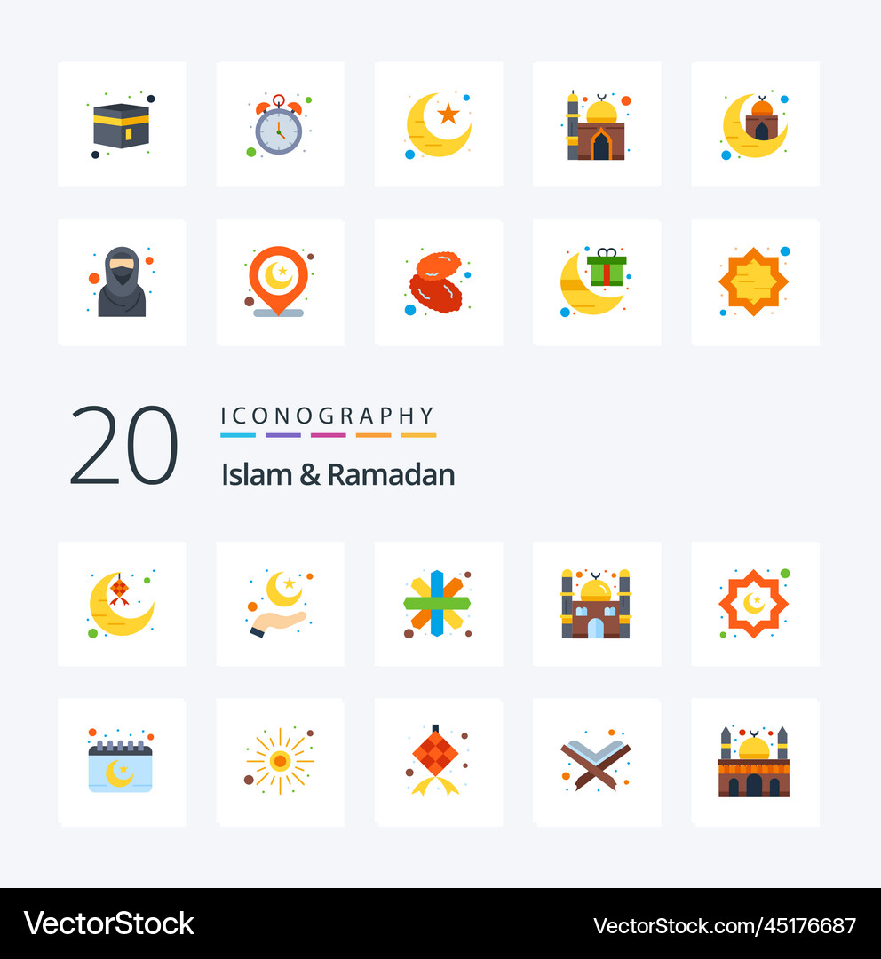 20 islam and ramadan flat color icon pack like Vector Image
