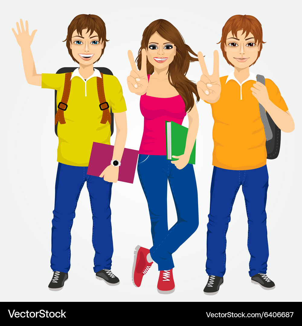 Three students making victory sign Royalty Free Vector Image