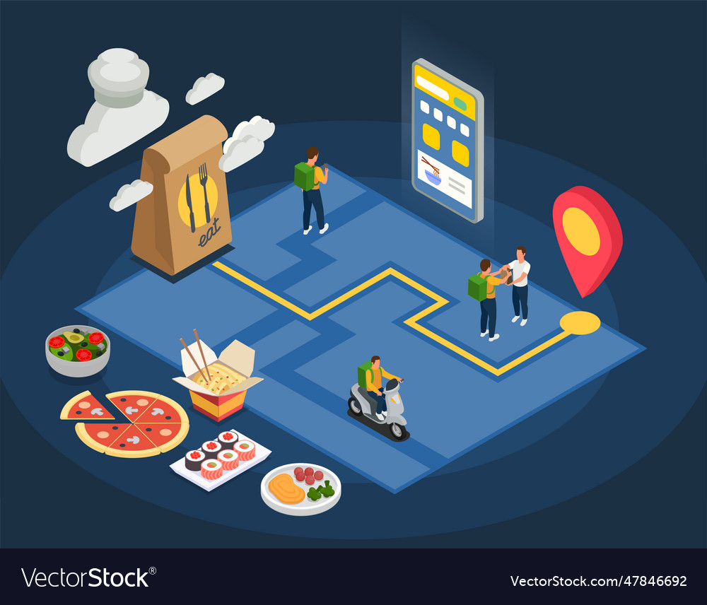 Cloud kitchen isometric concept Royalty Free Vector Image