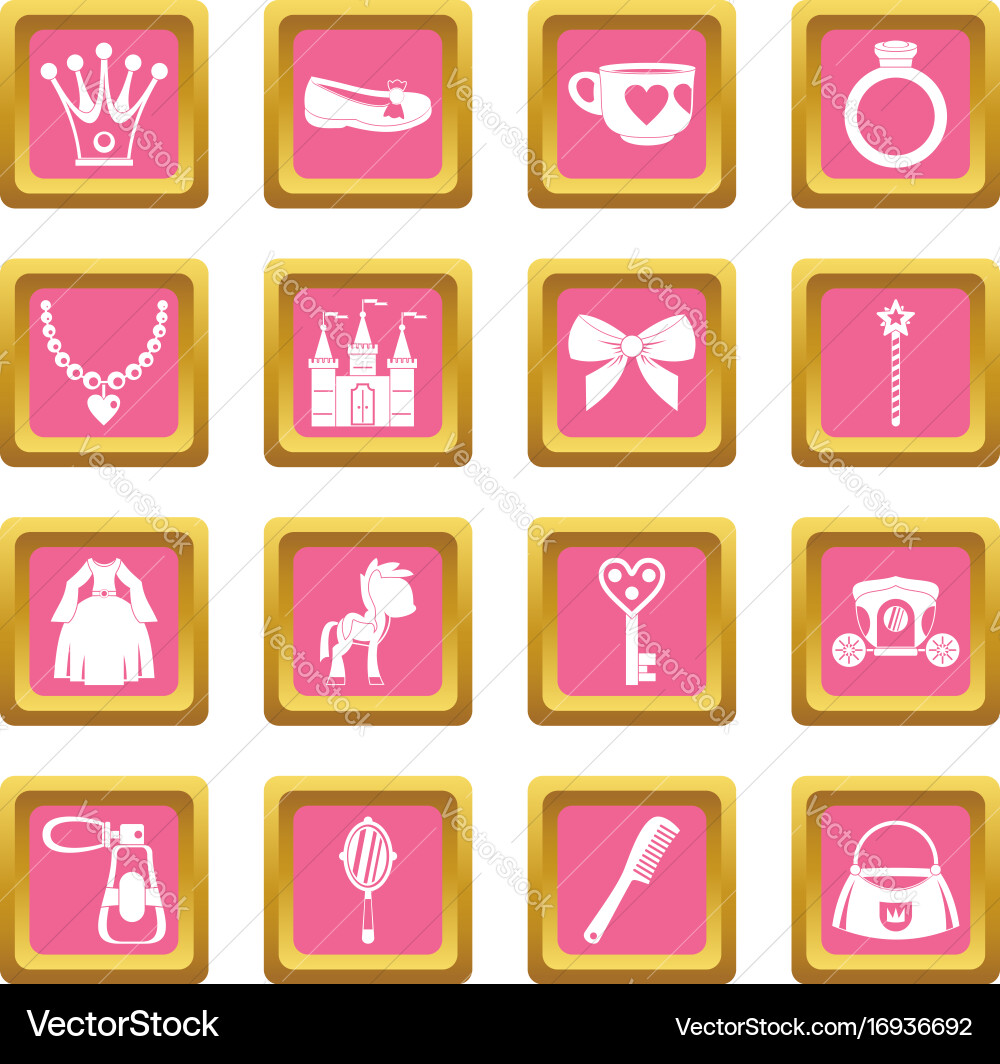 Doll princess items icons pink Royalty Free Vector Image