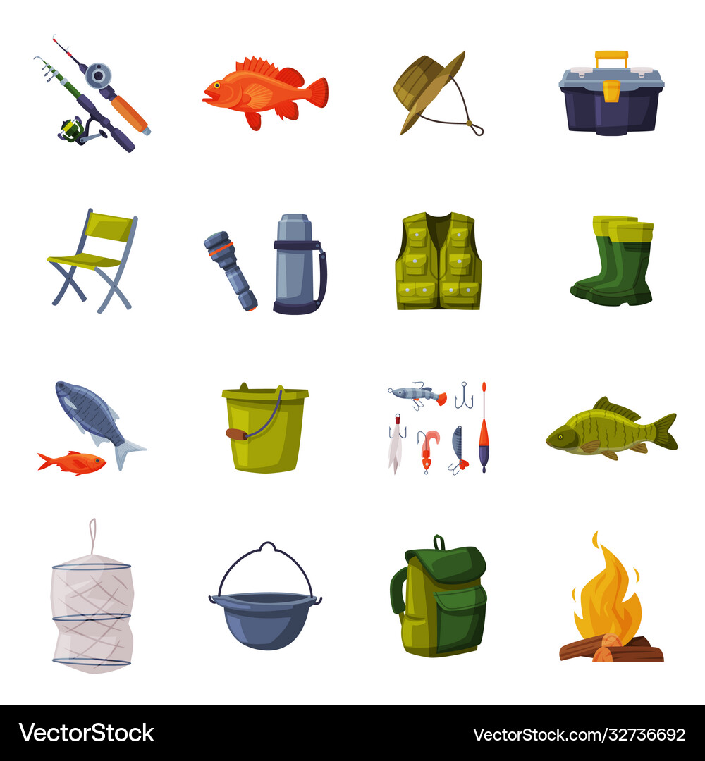 Fishing equipment set rod backpack vest Royalty Free Vector
