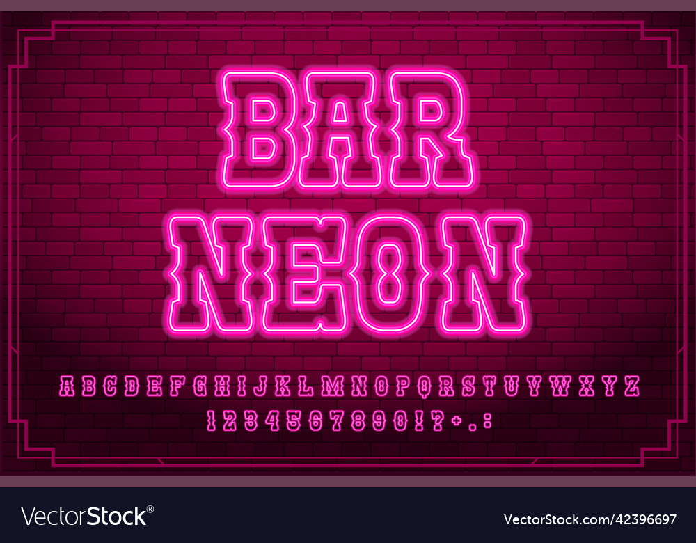 Bright neon alphabet letters numbers and symbols Vector Image