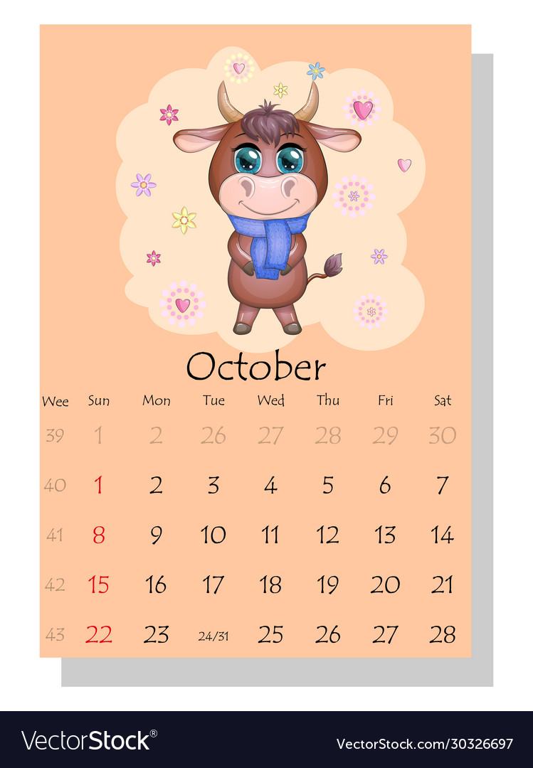 Calendar 2021 cute bull and cow for every month Vector Image