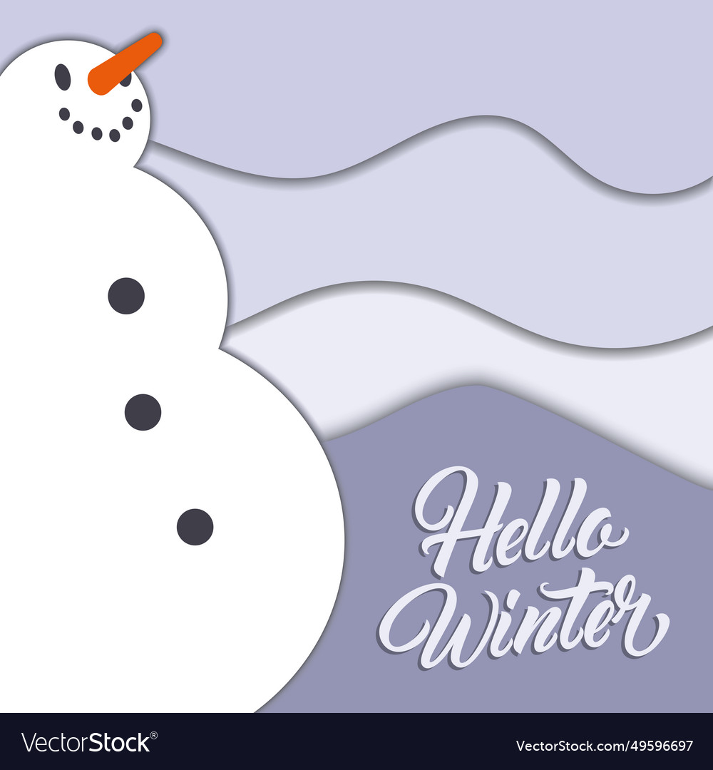 Hello winter with snowman paper art poster Vector Image