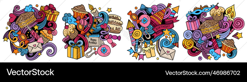 Birthday cartoon doodle designs set Royalty Free Vector