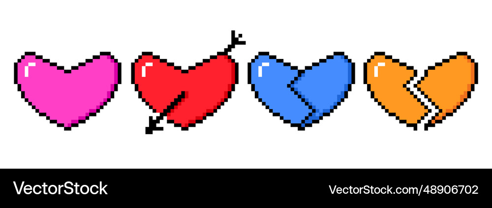 Pixel hearts set 8 bit video game style heart Vector Image