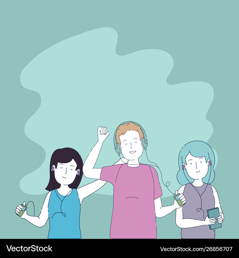 Group people listen music with player Royalty Free Vector