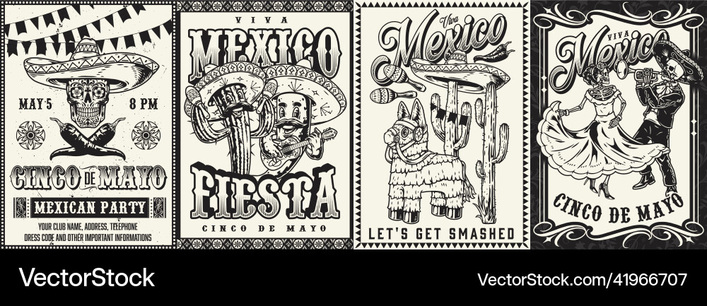Mexican fiesta monochrome posters collection Vector Image