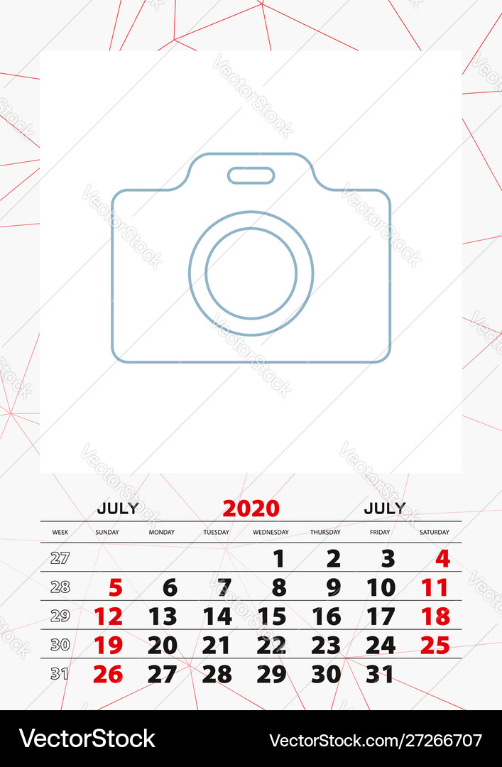 Wall calendar planner template for july 2020 week Vector Image