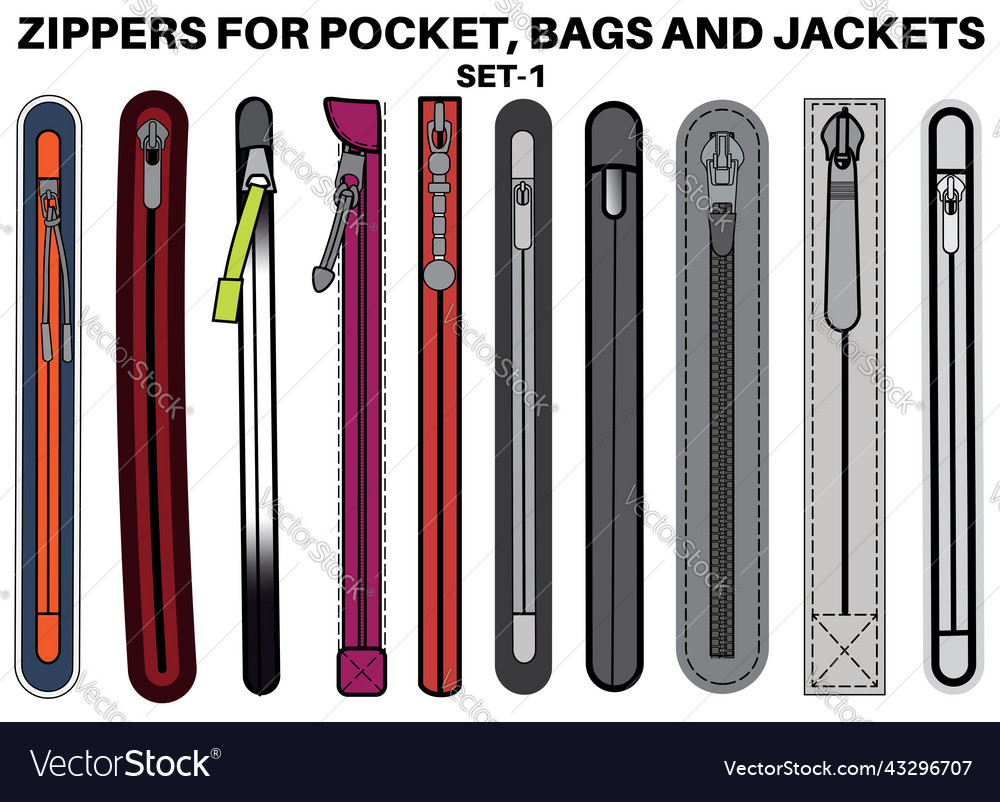 Zip fastener with zipper puller flat sketch set Vector Image