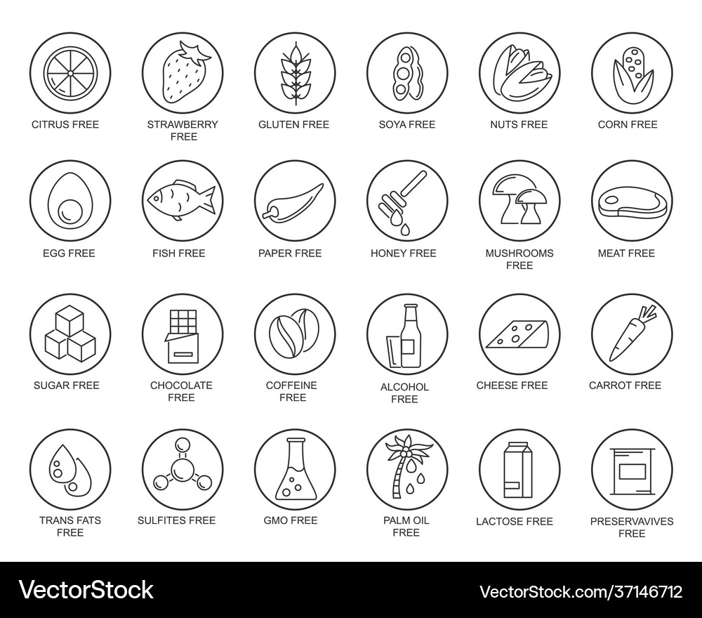 Allergen ingredients sign thin line icon set Vector Image