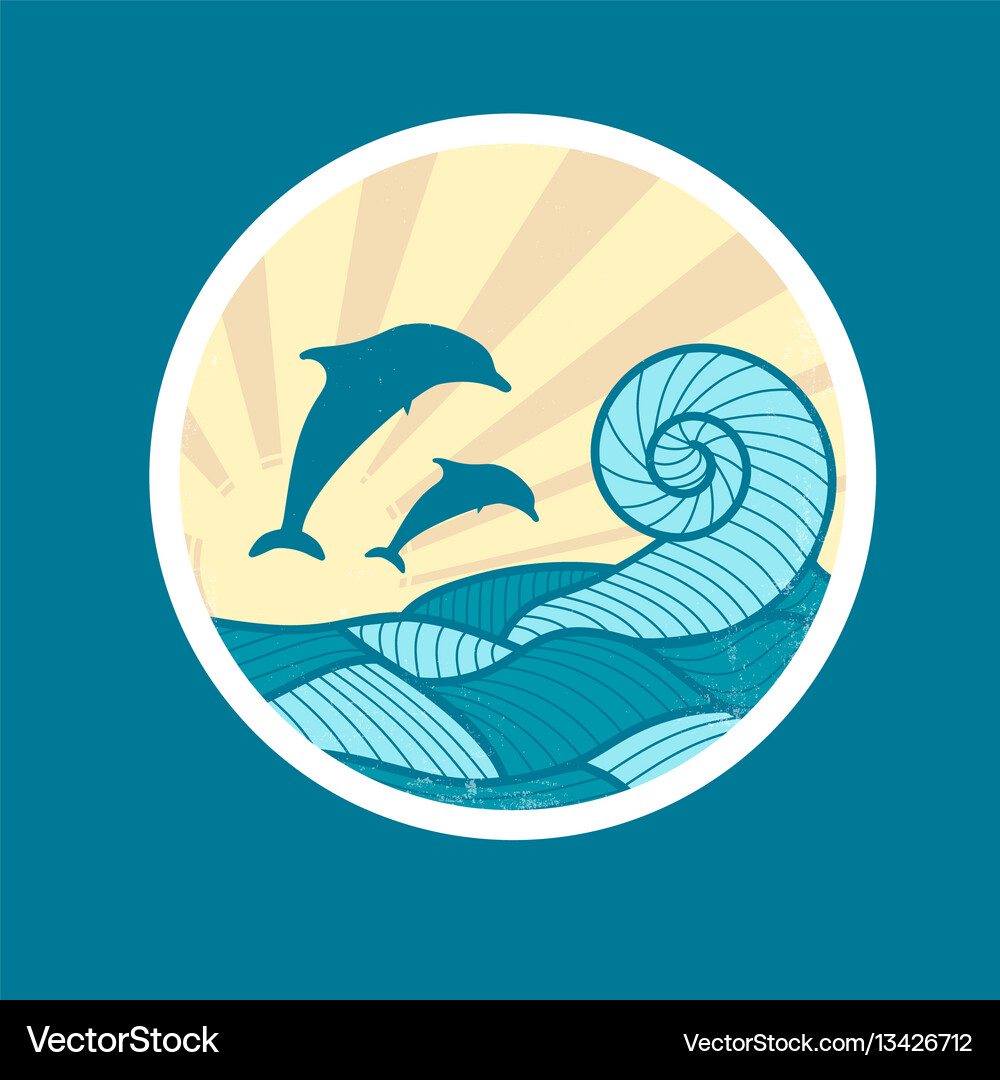 Badge with sea wave sun and dolphin Royalty Free Vector