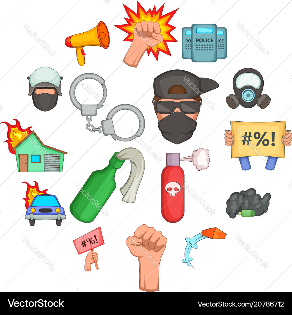 Protest items icons set cartoon style Royalty Free Vector