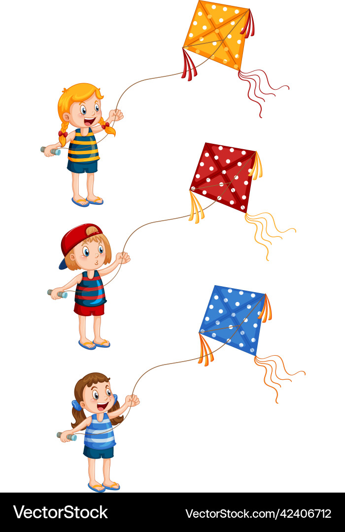 Set of different kids playing kites Royalty Free Vector