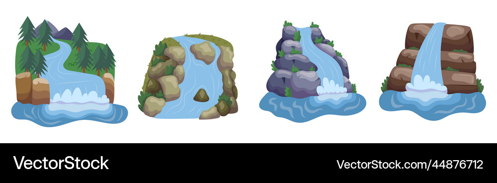 Set of waterfall cascades fall from cliff Vector Image
