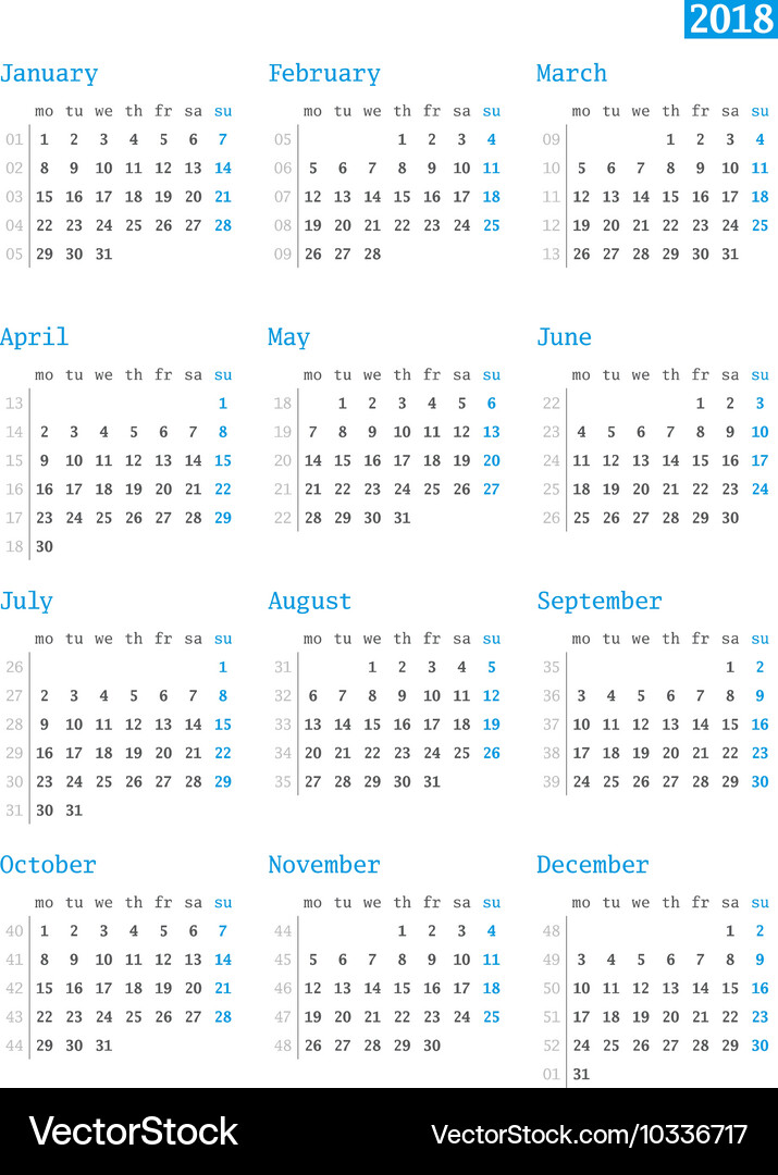 Calendar for 2018 year on white background design Vector Image