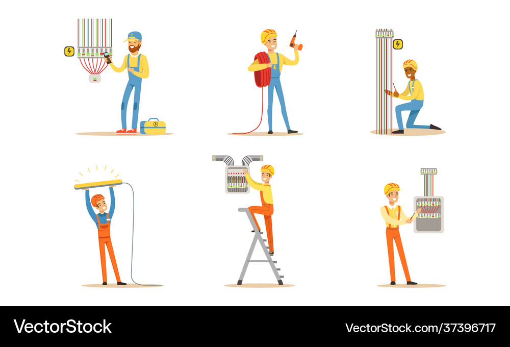 Professional electricians at work set electrician Vector Image