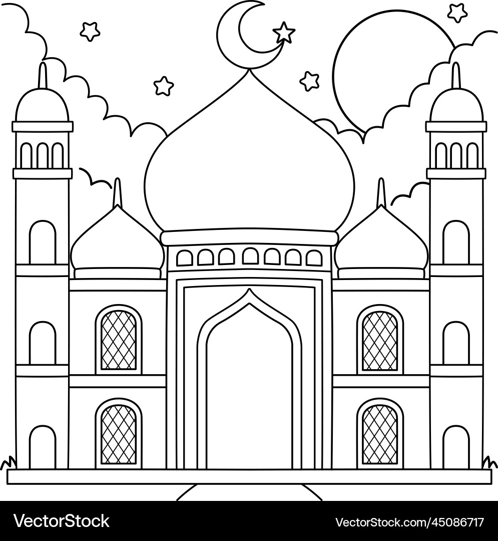 Ramadan mosque coloring page for kids Royalty Free Vector