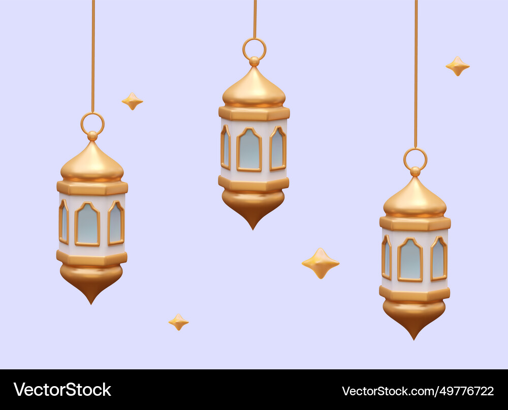 Realistic gold lanterns suspended on purple Vector Image