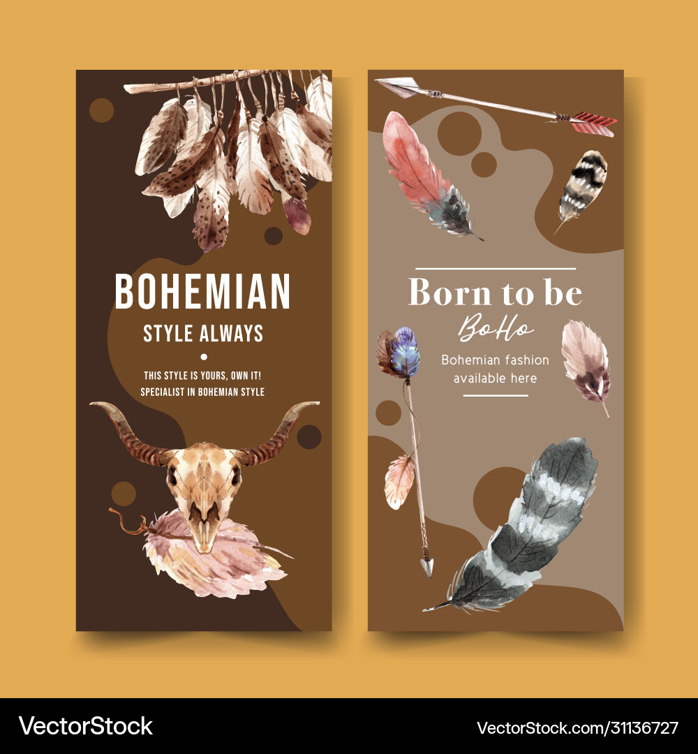 Bohemian flyer design with feather cow skull Vector Image