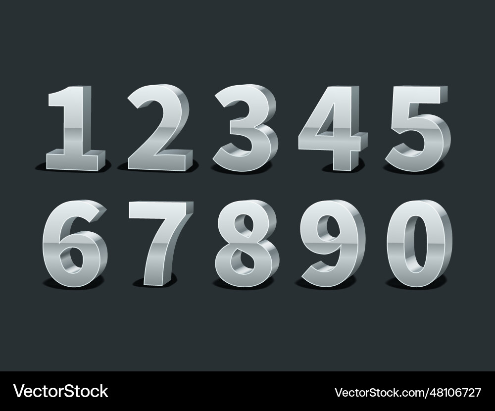 Silver 3d numbers realistic shiny metallic number Vector Image