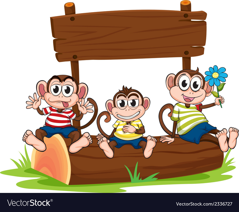 Three monkeys under empty signboard Royalty Free Vector