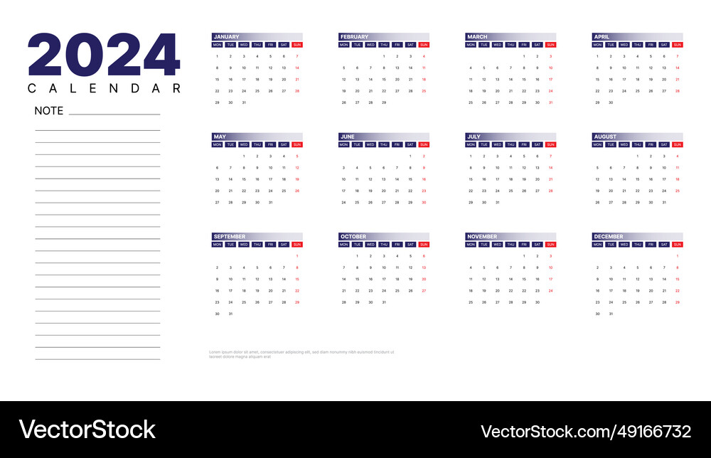 2024 calendar design by starting the week with Vector Image
