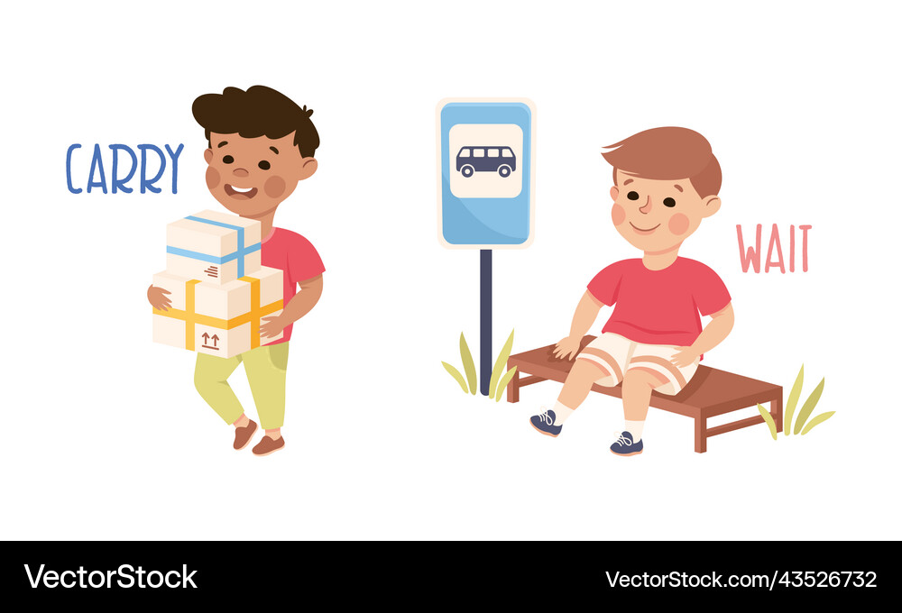 Little boy carrying parcels in cardboard box Vector Image