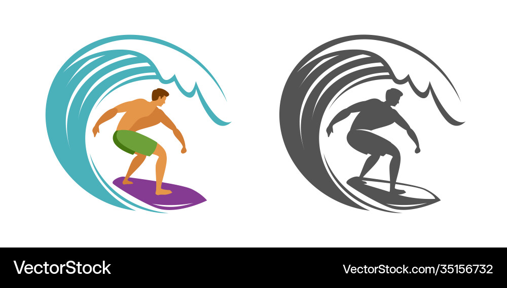 Surfing symbol surfer and wave emblem Royalty Free Vector