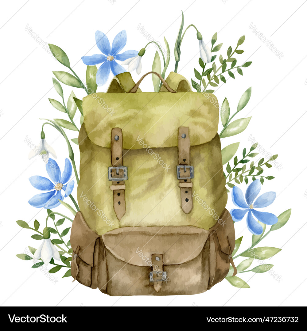 Vintage backpack with blue flowers and green Vector Image