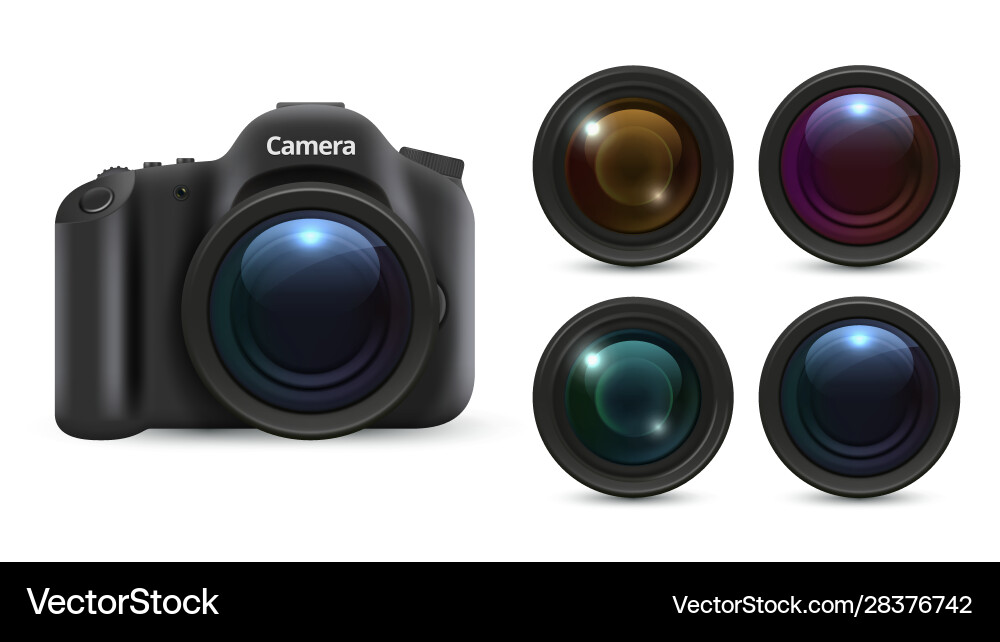 Realistic photo camera 3d lenses isolated Vector Image