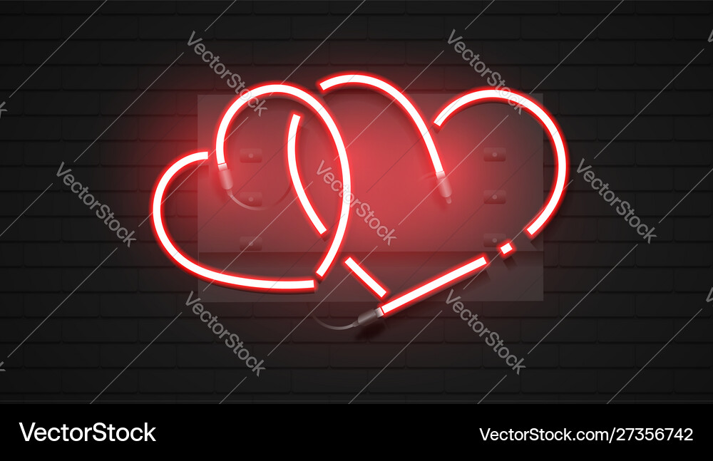 Red heart neon sign on brick background Royalty Free Vector