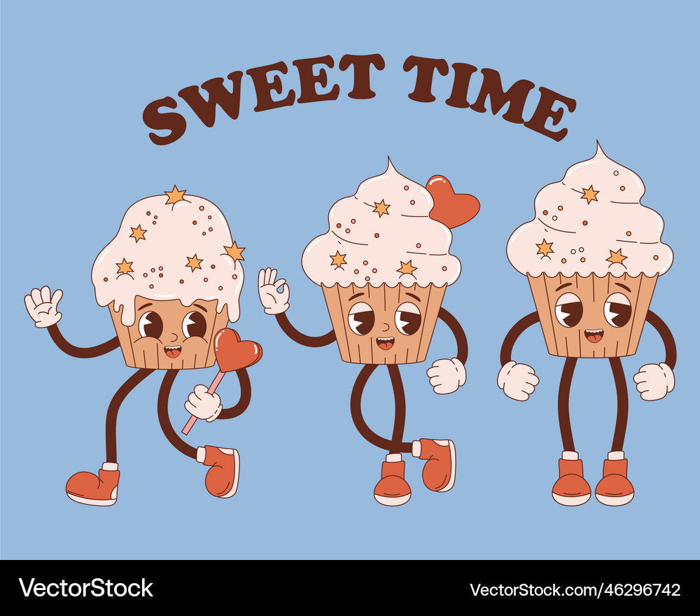 Retro groovy cartoon characters cake cupcake Vector Image
