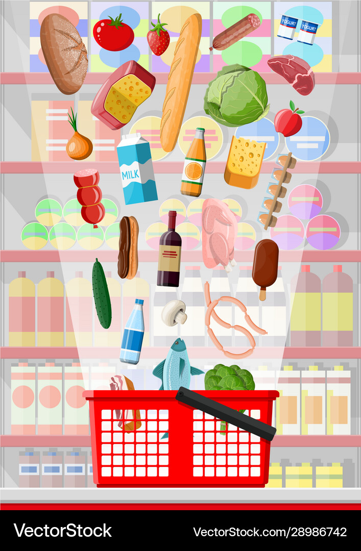Supermarket store interior with goods Royalty Free Vector