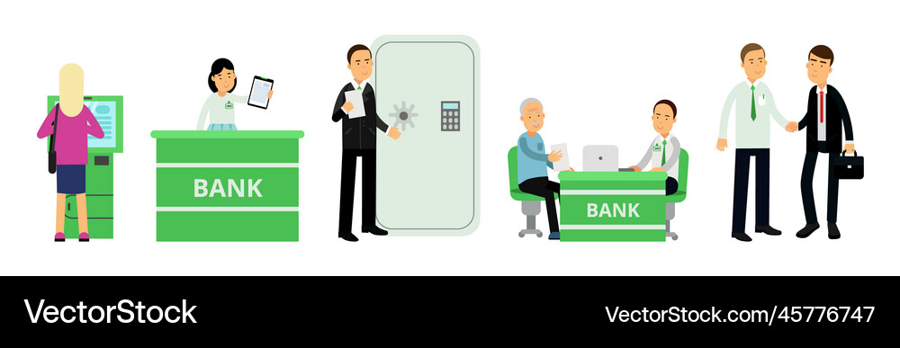 Bank customers and staff serving clients Vector Image