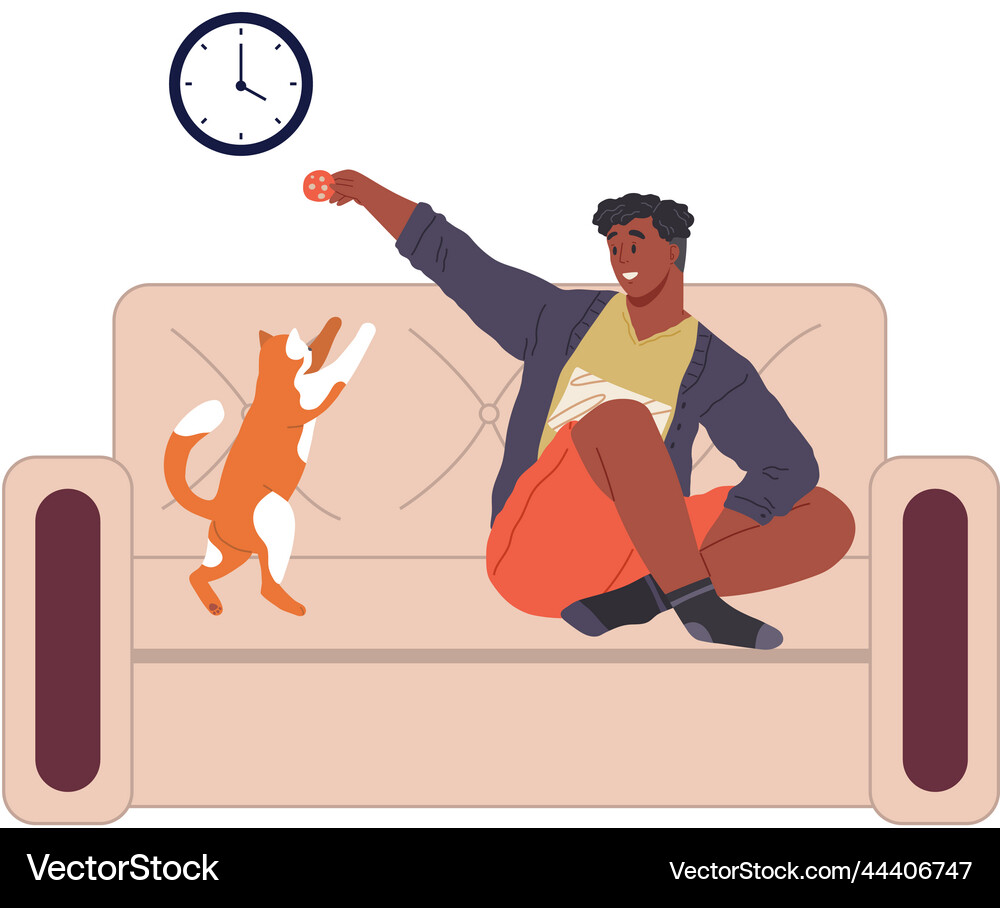 Male pet owner with cat training playing Vector Image