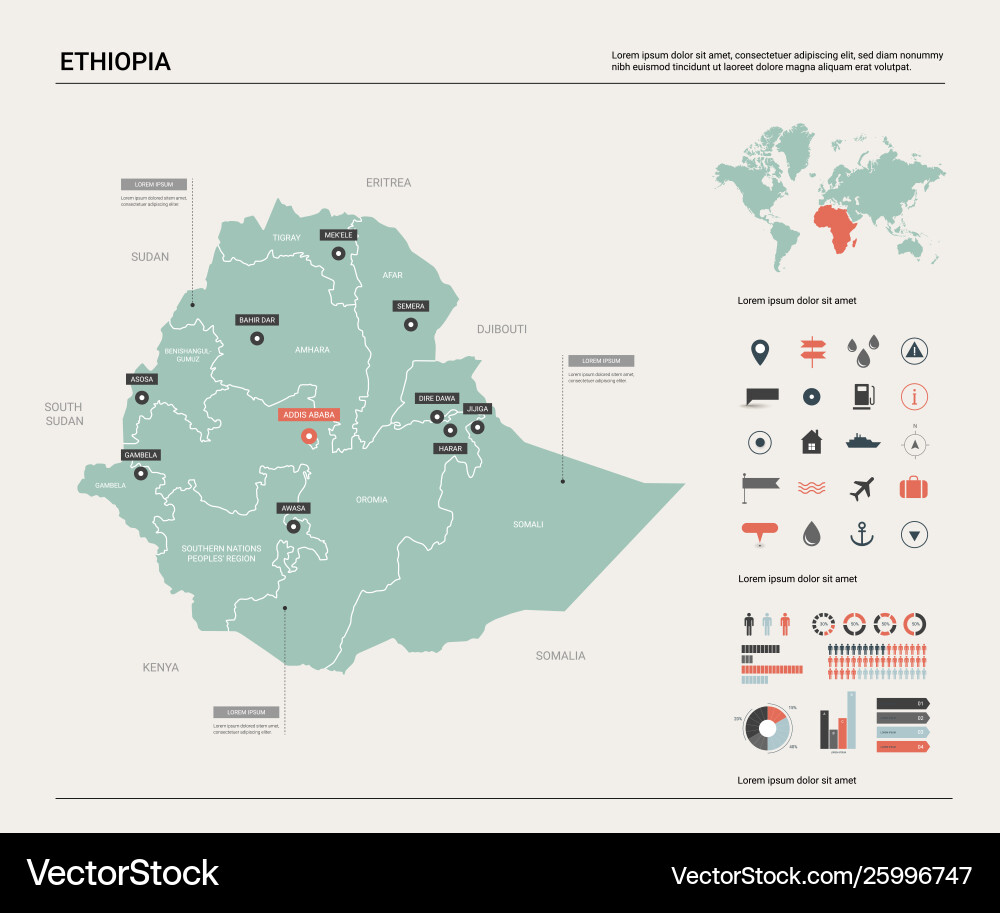 Map ethiopia country with division cities Vector Image