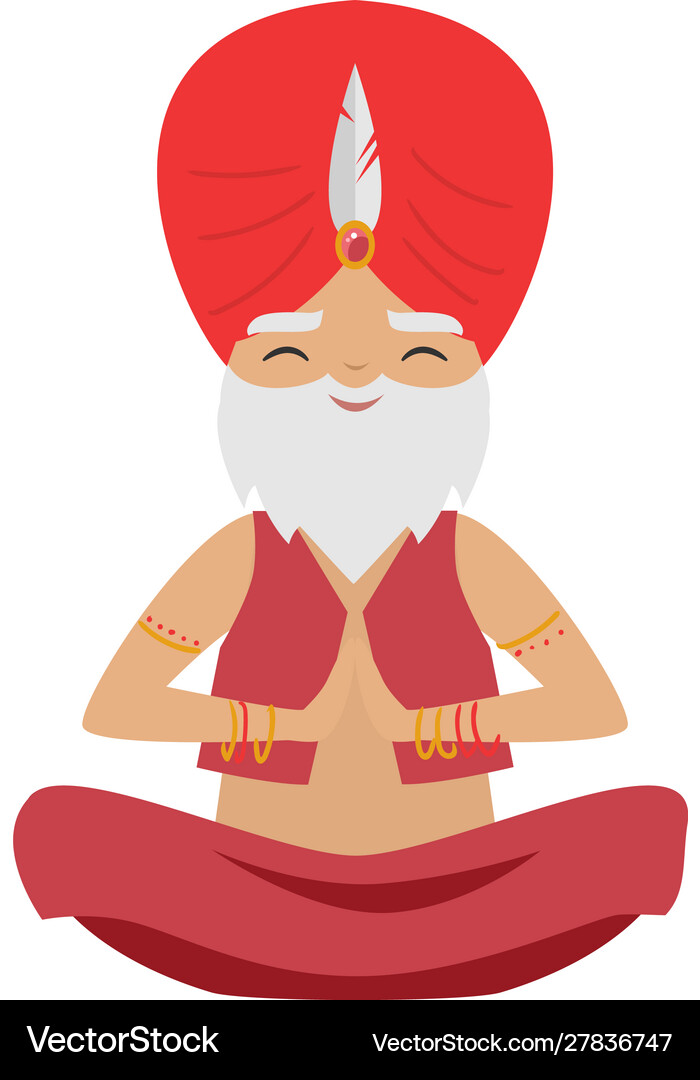 Meditating old yogi man with a feather on red Vector Image