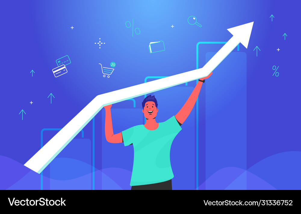 Happy man holding white arrow which growing up Vector Image