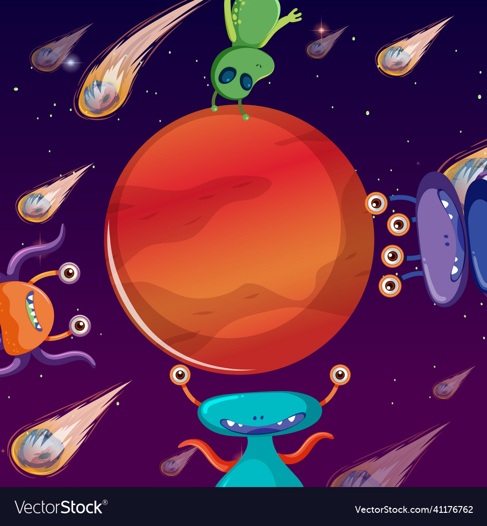 Aliens in outer space with mars planet in cartoon Vector Image
