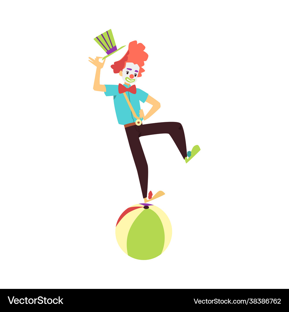 Funny clown equilibrist balancing on ball flat Vector Image