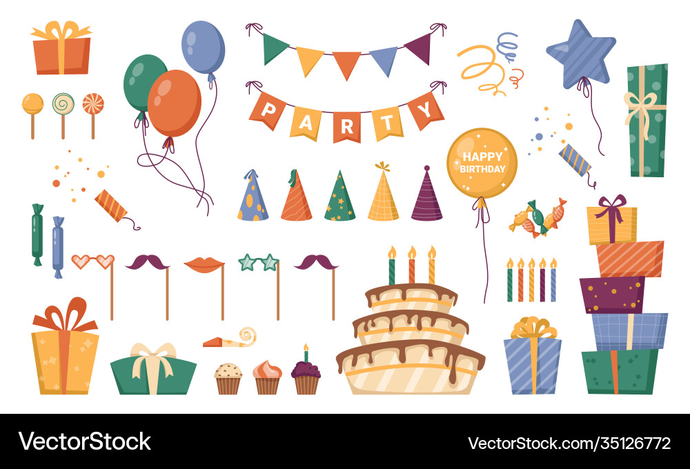 Birthday party decorations cake and presents Vector Image