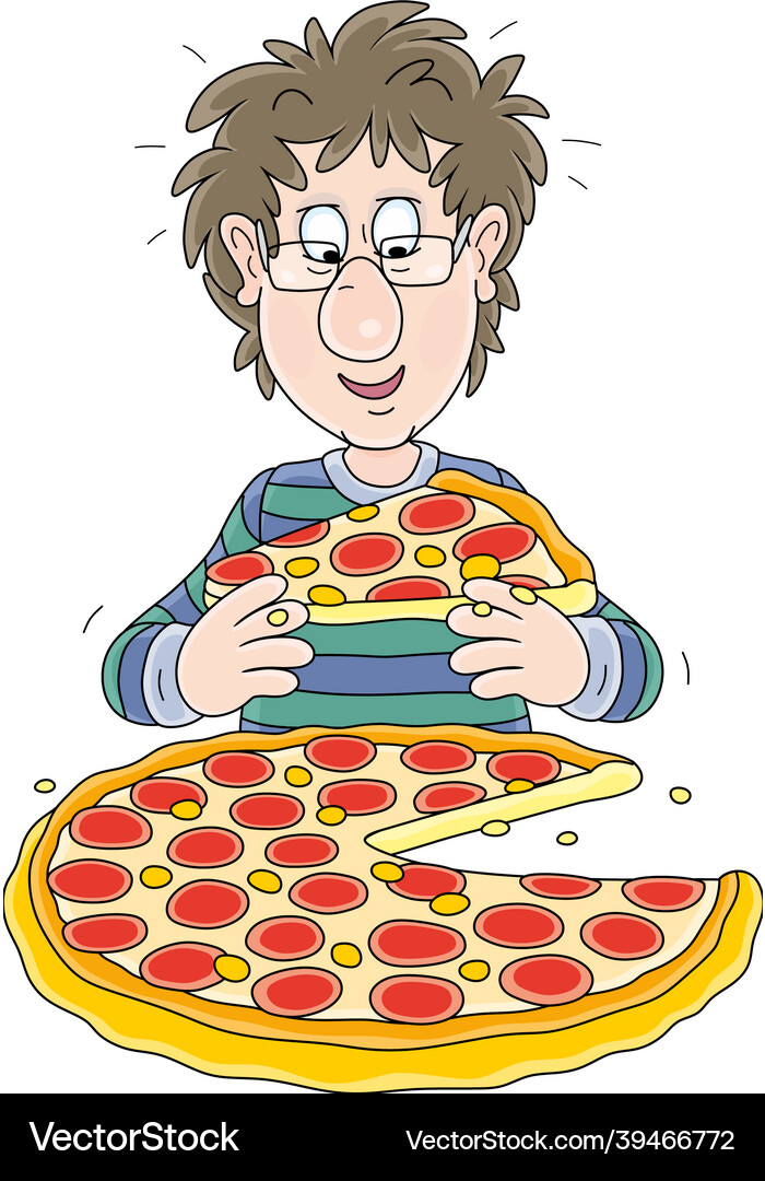 Funny boy and a big pepperoni pizza Royalty Free Vector