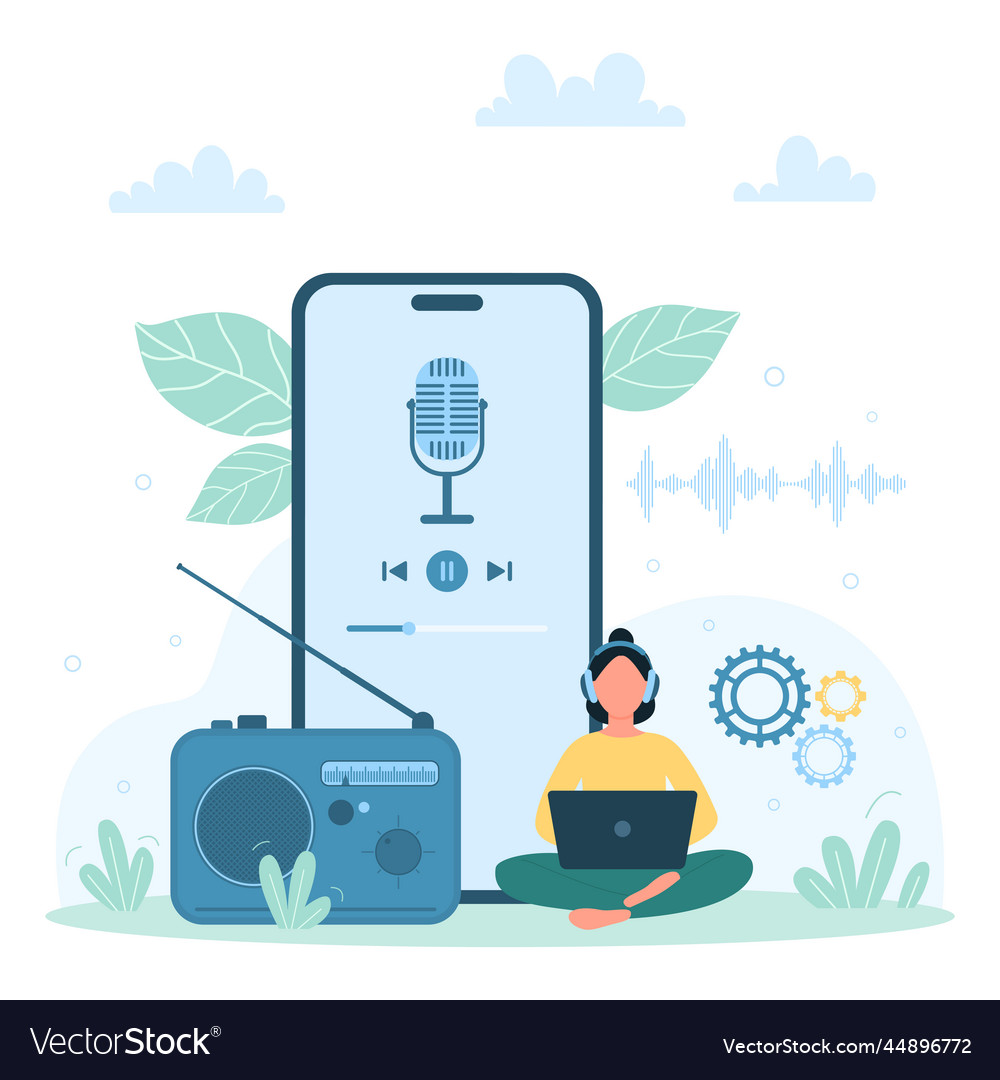 Sound recording with mobile app tiny person using Vector Image Sound recording with mobile app tiny person using Vector Image